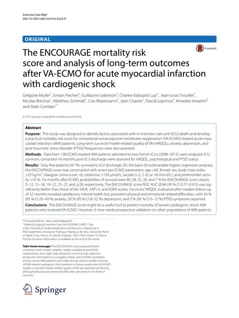 Pdf The Encourage Mortality Risk Score And Analysis Of Long Term Outcomes After Va Ecmo For