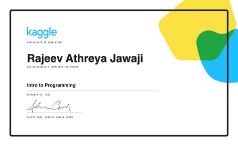 Rajeev Athreya Jawaji Completed The Intro To Programming Course On Kaggle