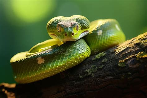 Green Python Snake Wild Animal With Sharp Gaze Looks Dangerous On Tree