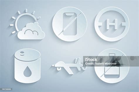 Uav 드론 헬리콥터 착륙 패드 배럴 오일 알코올 휴대 전화 및 태양 구름 날씨 아이콘을 설정합니다 벡터 3차원 형태에 대한 스톡 벡터 아트 및 기타 이미지 Istock