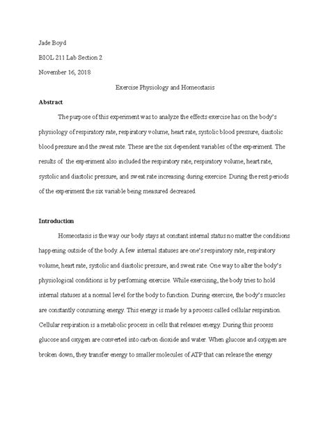 Exercise Physiology Lab Report Jade Babed BIOL Lab Section November Exercise