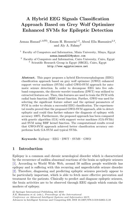 PDF A Hybrid EEG Signals Classification Approach Based On Grey Wolf Optimizer Enhanced SVMs