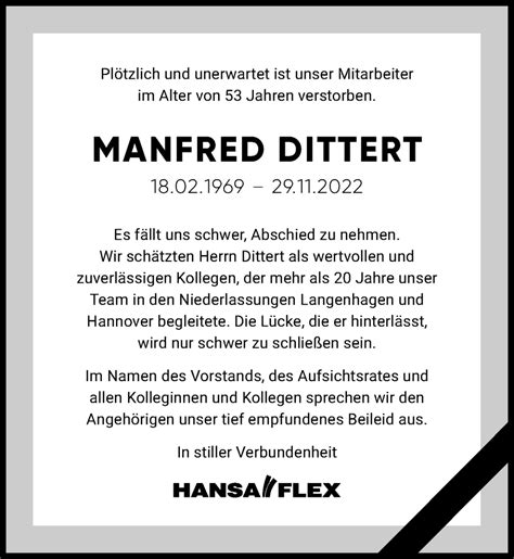 Traueranzeigen Von Mnfred Dittert Trauer Anzeigen De