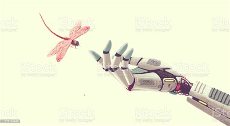 기술과 자연 개념 초현실적 인 작품 잠자리와 로봇 손 행복의 자유와 희망의 개념 미래 회화 일러스트 과학 잠자리에 대한 스톡 벡터 아트 및 기타 이미지 Istock