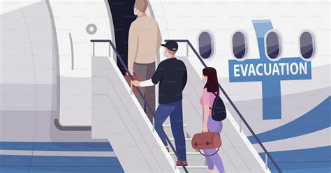 비상 대피 세미 플랫 벡터 그림입니다 오염 지역 봉쇄 사람들은 위험을 피하기 위해 비행기에 탑승합니다 상업용 비행기 승객 2d 만화 캐릭터 벡터 Unsplash의