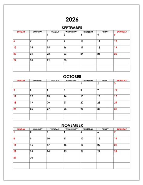 Calendar For September October November 2026 Free Calendarsu