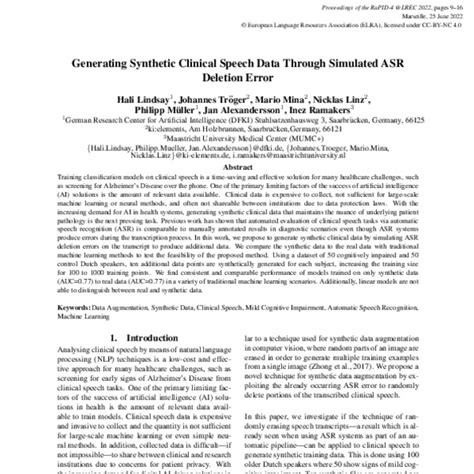 Generating Synthetic Clinical Speech Data Through Simulated Asr Deletion Error Acl Anthology