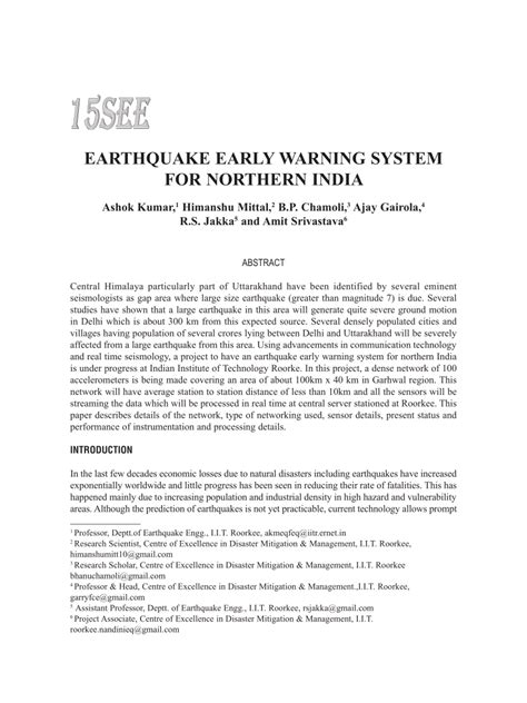 PDF Earthquake Early Warning System For Northern India