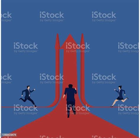 비즈니스 플랫 벡터 개념 남자와 여자는 비전과 팀워크의 원 포인트 은유에 연합 화살표를 성장실행 가리키기에 대한 스톡 벡터 아트 및 기타 이미지 Istock
