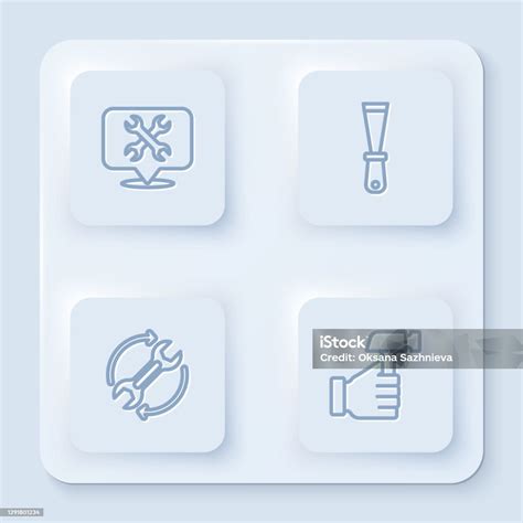 렌치 퍼티 나이프 렌치 화살을 워크플로우와 해머로 설정합니다 흰색 정사각형 버튼 벡터 갈고리 발톱에 대한 스톡 벡터 아트 및