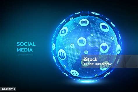 소셜 미디어 연결 개념 다른 소셜 미디어와 컴퓨터 아이콘으로 만든 와이어 프레임 구입니다 세계지도 포인트 및 선 구성 지구 행성 지구 벡터 일러스트레이션 세계지도에 대한