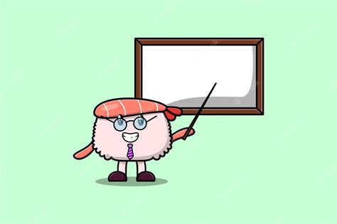 플랫 만화 스타일의 화이트보드로 가르치는 귀여운 만화 스시 새우 교사 캐릭터 프리미엄 벡터