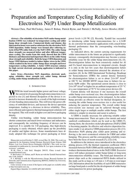 Pdf Preparation And Temperature Cycling Reliability Of Electroless Ni P Under Bump Metallization