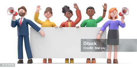 만화 캐릭터의 3d 일러스트레이션은 하얀 빈 배너를 들고 손을 흔들며 서 있습니다 흰색 배경에 3d 렌더링 입체 이미지에 대한 스톡 사진 및 기타 이미지 Istock