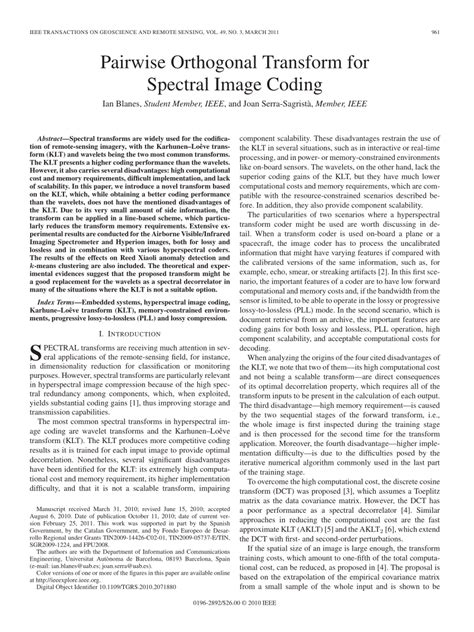 pdf pairwise orthogonal transform for spectral image coding