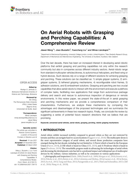 Pdf On Aerial Robots With Grasping And Perching Capabilities A Comprehensive Review