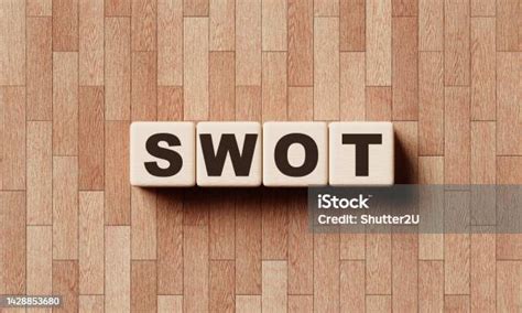 Swot 분석 라미네이트 배경을 가진 나무 단어 블록 큐브 분석은 회사의 경쟁력을 평가하고 전략 계획 개념을 개발하는 데