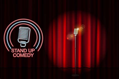 서 네온 마이크 기호 및 빨간 커튼 배경 코미디까지 코메디 쇼 또는 가라오케 파티 밤 스탠드입니다 벡터 일러스트 레이 션 Theatrical Performance에 대한