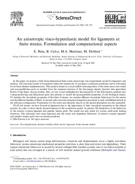 Pdf An Anisotropic Visco Hyperelastic Model For Ligaments At Finite Strains Formulation And