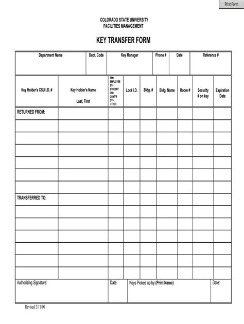 Fillable Online Key Transfer Form Facilities Management Colorado