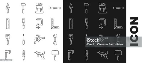 세트 라인 슬레지 해머 렌치 스패너 코너 눈금자 시멘트 가방 퍼티 나이프 눈금자 흙손 및 클램프 및 나사 도구 아이콘 벡터 갈고리 발톱에 대한 스톡 벡터 아트 및 기타