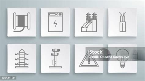 세트 라인 고전압 전원 극선 파워 뱅크 느낌표 삼각형 전구 원자력 발전소 전기 케이블 및 와이어 전기 릴 또는 드럼 아이콘 벡터