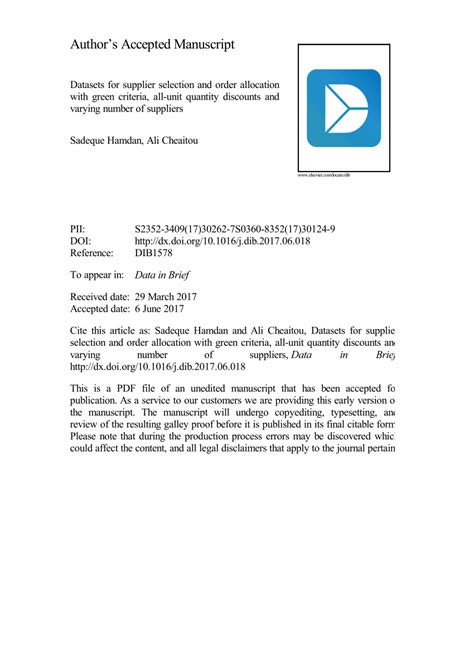 Pdf Datasets For Supplier Selection And Order Allocation With Green Criteria All Unit