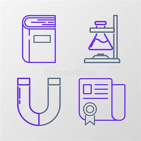 Set Line Certificate Template Magnet Glass Test Tube Flask On Fire And Book Icon Vector Stock