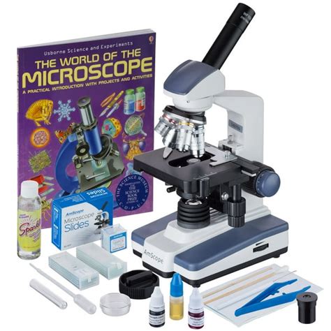 Amscope 40x 2500x Led Monocular Compound Microscope With Extensive Slide Preparation Kit And