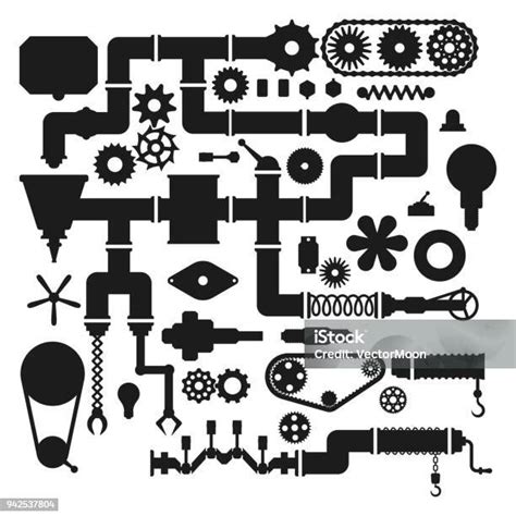 기계 부품 메커니즘 벡터 실루엣 제조 작업 세부 디자인 기어 장비 산업 기술 엔진 그림 가공 기계 강철에 대한 스톡 벡터 아트