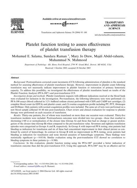 Pdf Platelet Function Testing To Assess Effectiveness Of Platelet Transfusion Therapy