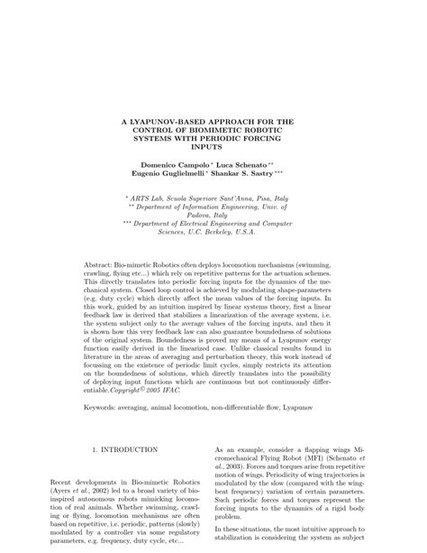 Pdf A Lyapunov Based Approach For The Control Of Biomimetic Robotic Systems With Periodic