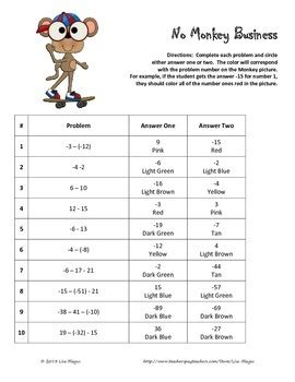 Subtracting Integers Coloring Activity By Lisa Blagus Teach At The Beach