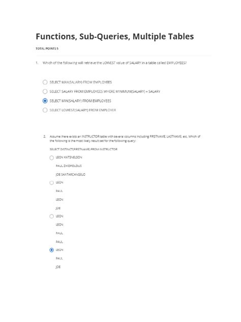 Quiz Functions Sub Queries Multiple Tables Pdf