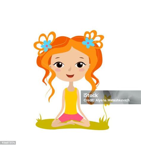 아주 어린 소녀 로터스 위치에 요가 관행 명상과 휴식 포스터입니다 벡터 일러스트 레이 션 귀여운에 대한 스톡 벡터 아트 및 기타