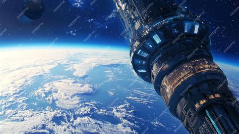 A Futuristic Space Station Orbiting Earth With A View Of The Clouds And The Moon Premium Ai