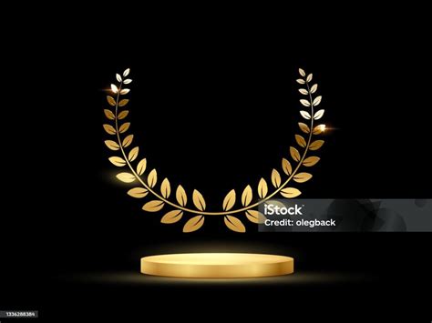 월계수 화환과 함께 1위를 차지한 골든 포디움 블랙 백으로 무대에서 골드 랭크 경쟁 벡터 일러스트레이션에서 스포츠 또는 영화 승리의 선수권 대회 트로피에 대한 스톡 벡터