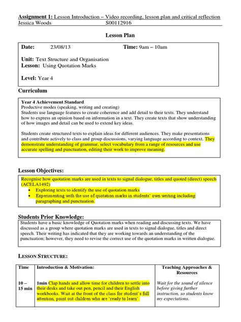 Lesson Plan Quotation Marks Final Pdf Educational Assessment Cognition