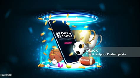 스포츠 베팅 스마트 폰이있는 디지털 배너 챔피언 컵 떨어지는 금화 및 어두운 빈 장면에서 디지털 링으로 만든 파란색 포털 내부의 스포츠 공 3차원 형태에 대한 스톡 벡터
