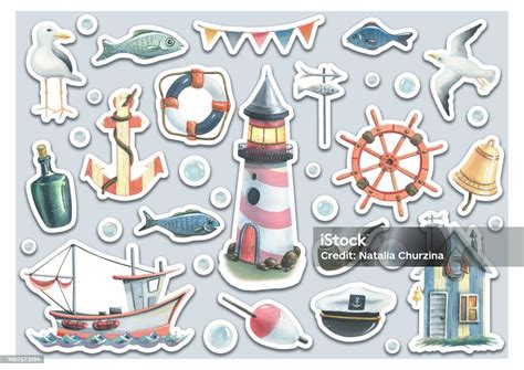 해양 테마 스티커 세트 보트 어부의 집 등대 스티어링 휠 앵커 갈매기 구명 부표 물고기 거품의 다양한 요소가 있습니다 수채화 그림 어린 시절에 대한 스톡 벡터 아트 및 기타