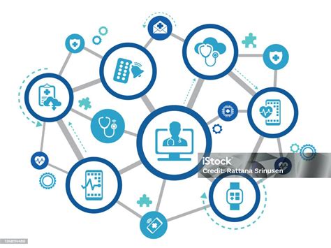 의학 벡터 일러스트레이션의 디지털 헬스케어 및 스마트 헬스 장치 및 Iot 기술 의료 빅 데이터 클라우드 애플리케이션 0명에 대한 스톡 벡터 아트 및 기타 이미지 Istock