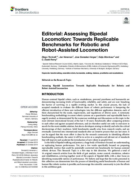Pdf Editorial Assessing Bipedal Locomotion Towards Replicable Benchmarks For Robotic And