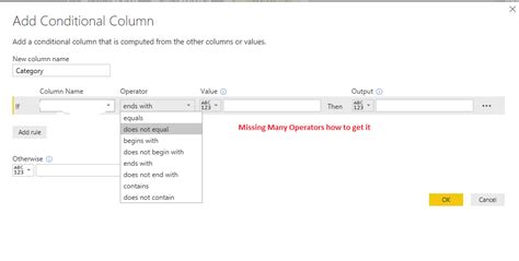 solved not able to see operators in conditional column microsoft