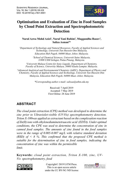 Pdf Optimisation And Evaluation Of Zinc In Food Samples By Cloud Point Extraction And