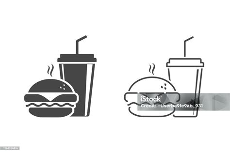 패스트 푸드 벡터 라인 아이콘 세트 햄버거와 소다 또는 콜라 음료 실루엣 고립 된 기호 건강한 식생활에 대한 스톡 벡터 아트 및 기타 이미지 건강한 식생활 고기