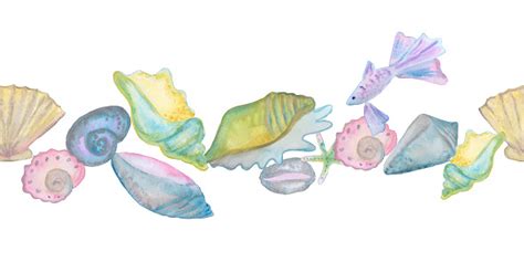 조개 수족관 물고기와 불가사리 수평 테두리 수채화 그림은 섬유 디자인 스티커 카드 배너에 대 한 흰색 배경 기반에 고립되어