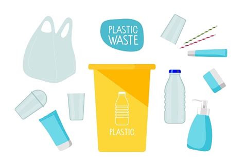 플라스틱 폐기물 표지판 플라스틱 폐기물이 있는 노란색 용기 다양한 플라스틱 제품 병 컵 가방 빨대 용기 주위 환경적으로 책임있는 행동 동기 부여 플랫 벡터 일러스트 분리에