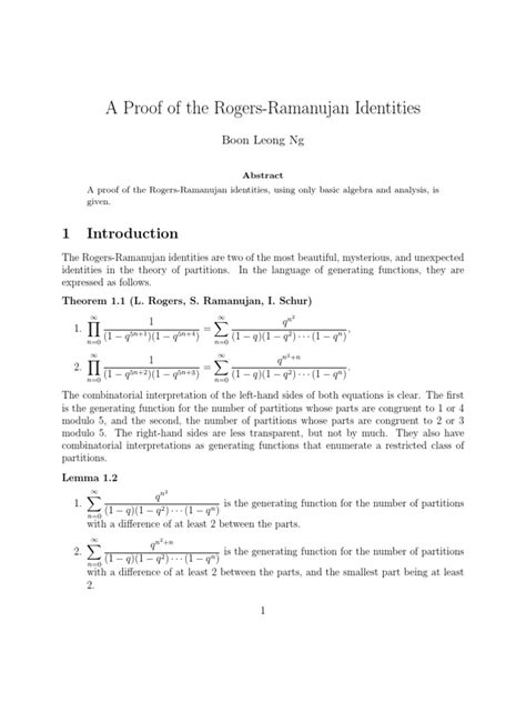 Proof Of The Rogers Ramanujan Identities Pdf Theorem Mathematical Concepts