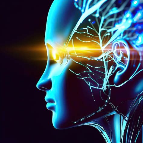 휴머노이드 머리 기술 스타일 인공 지능 로봇의 측면 보기 프리미엄 사진