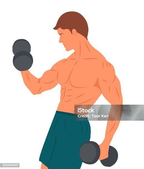 피트니스 모델 또는 트레이너 스포츠웨어와 아령을 들고 서있는 남자가 운동을 하고 있다 두 개의 아령 고립 플랫 벡터 일러스트를 들고 그의 등을 돌려 운동 남자 개선에 대한